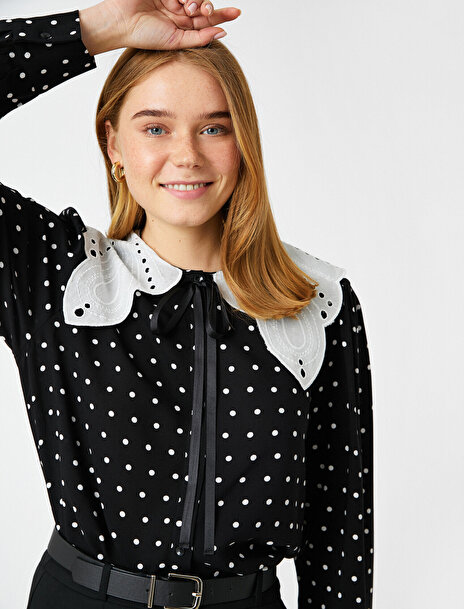 Koton Kadın Uzun Kollu Bebe Yaka Puantiyeli Gömlek