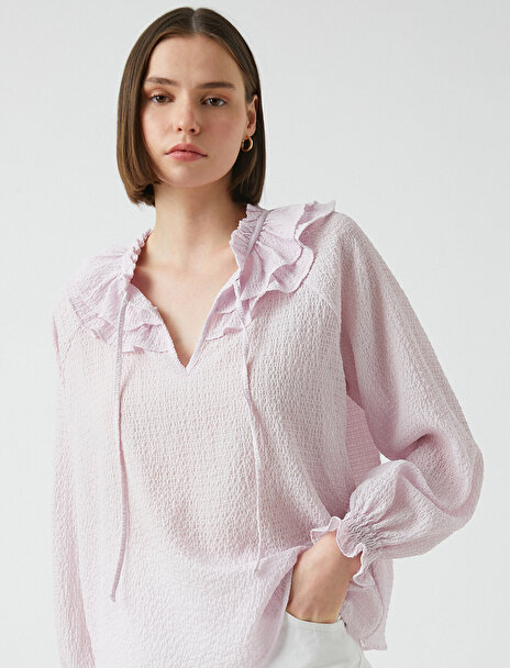 Koton Kadın Fırfırlı Bağcıklı Hakim Yaka  Uzun Kollu Bluz