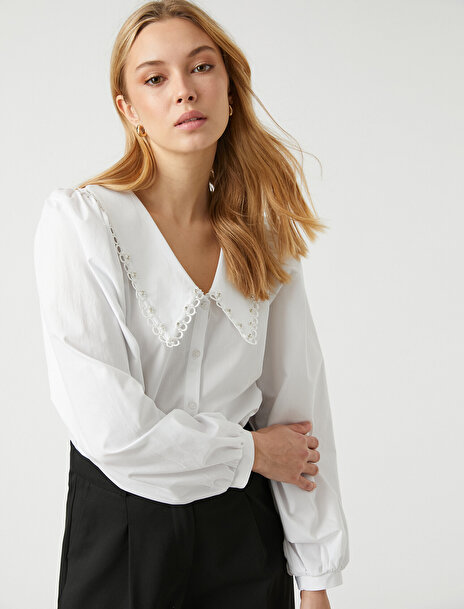 Koton Kadın Balon Kollu Gömlek Büyük Yakalı İşleme Detaylı Koton Kadın Balon Kollu Gömlek Büyük Yakalı İşleme Detaylı