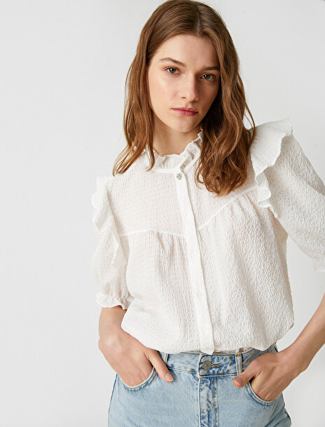 Koton Kadın Hakim Yaka Gömlek Kısa Balon Kollu Fırfır Detaylı Koton Kadın Hakim Yaka Gömlek Kısa Balon Kollu Fırfır Detaylı