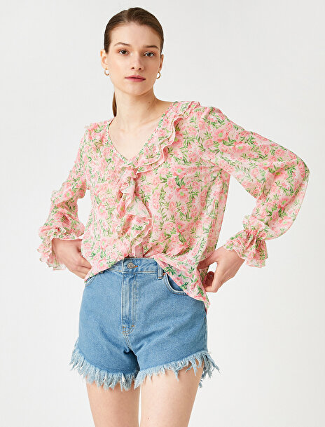 Koton Kadın Şifon Bluz V Yaka Uzun Kollu Fırfır Detaylı Koton Kadın Şifon Bluz V Yaka Uzun Kollu Fırfır Detaylı