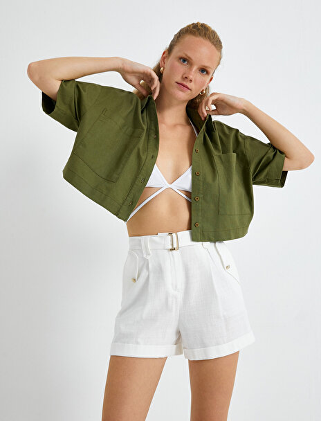 Koton Kadın Oversize Crop Keten Gömlek Koton Kadın Oversize Crop Keten Gömlek