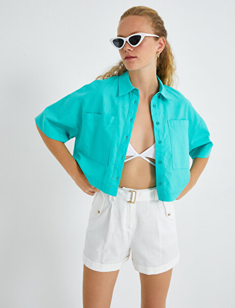 Koton Kadın Oversize Crop Keten Gömlek Koton Kadın Oversize Crop Keten Gömlek