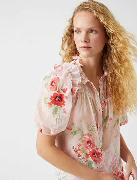 Koton Kadın Çiçekli Gömlek Balon Kollu Fırfır Detaylı Koton Kadın Çiçekli Gömlek Balon Kollu Fırfır Detaylı