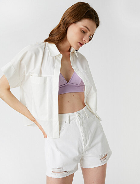 Koton Kadın Crop Oversize Gömlek Kısa Kollu Pamuklu Koton Kadın Crop Oversize Gömlek Kısa Kollu Pamuklu