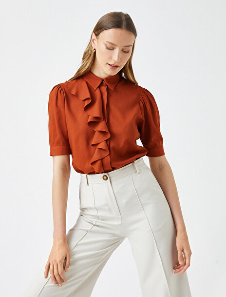 Koton Kadın Kısa Balon Kollu Gömlek Fırfır Detaylı