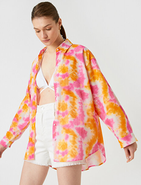 Koton Kadın Oversize Gömlek Desenli Uzun Kollu Pamuklu