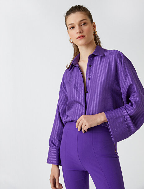 Koton Kadın Ece Sükan X Koton - Çizgili Jakarlı Uzun Kollu Gömlek