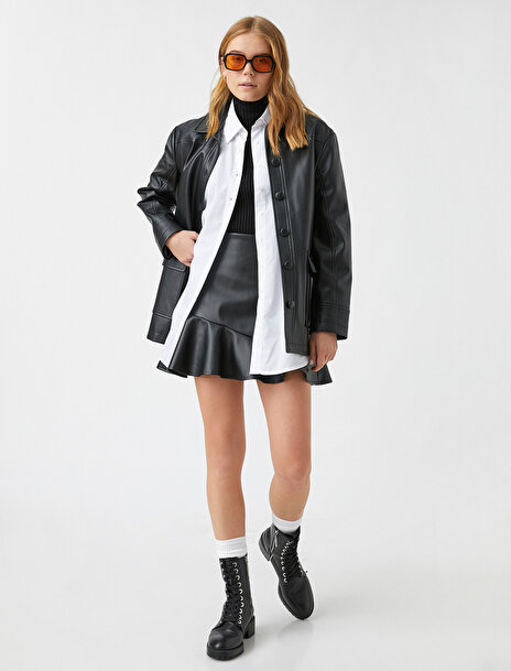 Koton Kadın Volanlı Deri Görünümlü Etek Koton Kadın Volanlı Deri Görünümlü Etek