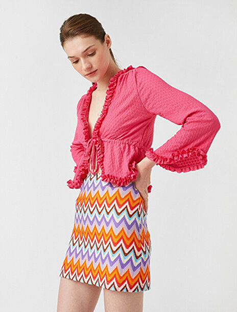 Koton Kadın Fırfırlı Bluz Bağlama Detaylı Uzun Kollu