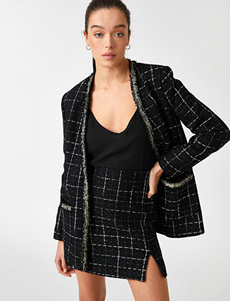 Koton Kadın Kareli Tüvit Yırtmaçlı Mini Etek