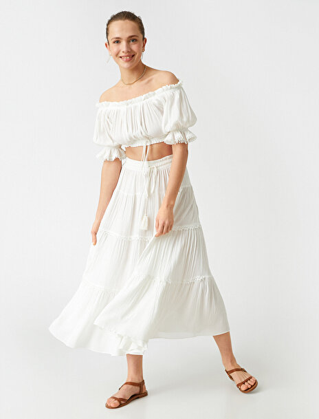 Koton Kadın Beli Lasitkli Uzun Etek Püskül Detaylı