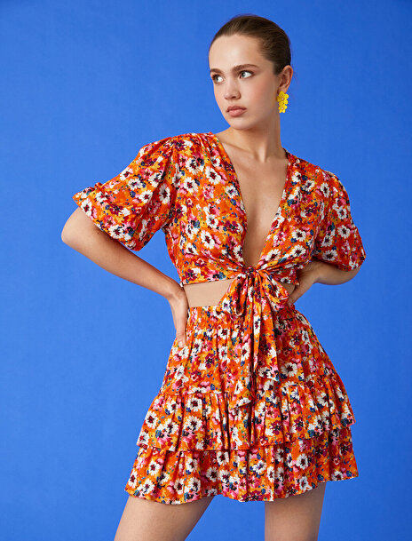 Koton Kadın Çiçekli Mini Etek Fırfırlı Beli Lastikli