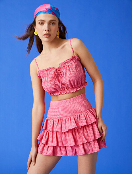 Koton Kadın Ekoseli Mini Etek Fırfırlı Beli Lastikli