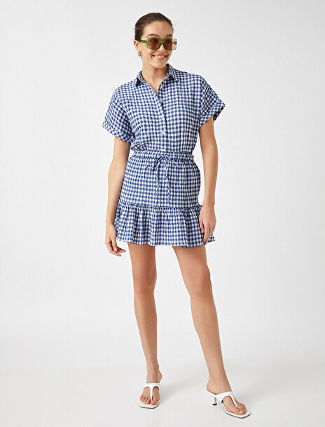 Koton Kadın Beli Lastikli Fırfırlı Mini Kareli Etek