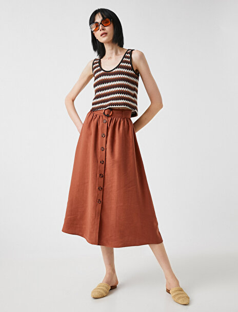 Koton Kadın Midi Etek Kemerli Düğmeli Koton Kadın Midi Etek Kemerli Düğmeli