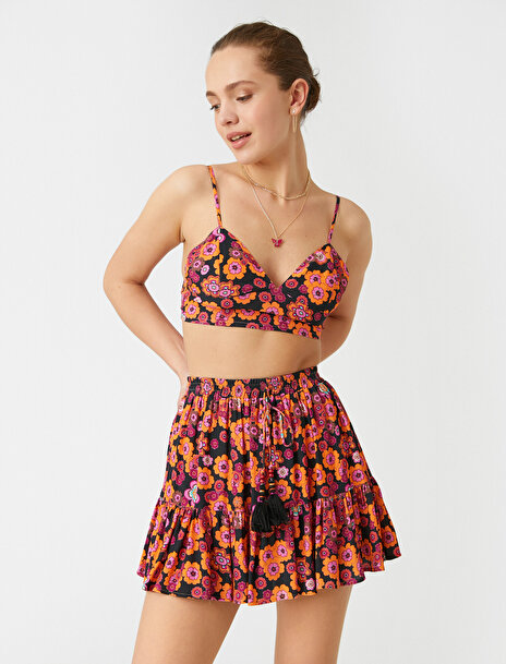 Koton Kadın Katlı Mini Etek Çiçek Desenli