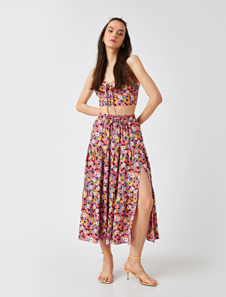 Koton Kadın Çiçekli Uzun Etek Yırtmaçlı Beli Bağlamalı