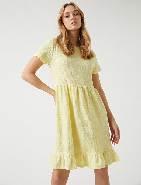 Koton Kadın Fırfırlı Midi Elbise Kısa Kollu Bisiklet Yaka