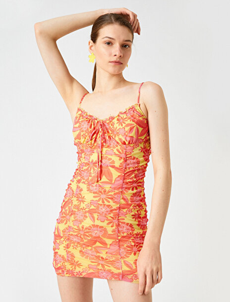 Koton Kadın Çiçekli Mini Elbise Büzgülü İnce Askılı