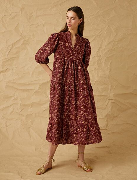 Koton Kadın Desenli Balon Kollu Fırfırlı Dik Yaka Uzun Elbise Koton Kadın Desenli Balon Kollu Fırfırlı Dik Yaka Uzun Elbise