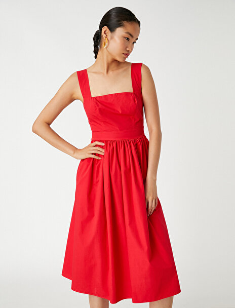 Koton Kadın Midi Boy Elbise Askılı Kare Yaka