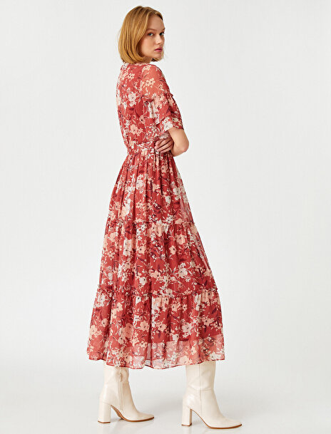 Koton Kadın Çiçek Desenli Midi Elbise Kısa Kollu