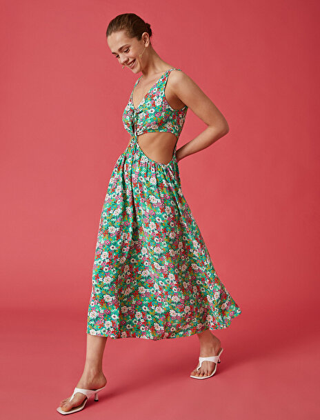 Koton Kadın Uzun Çiçekli Elbise Kalın Askılı Pencere Detaylı