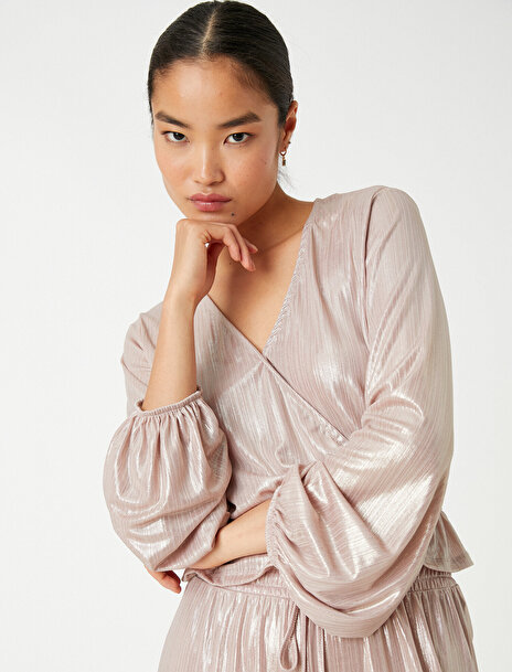 Koton Kadın Pırıltılı Bluz Balon Kollu Anvelop