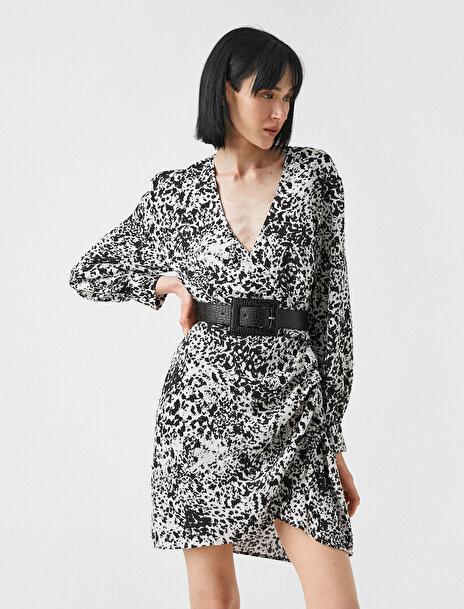 Koton Kadın Mini Elbise Anvelop Uzun Kollu V Yaka