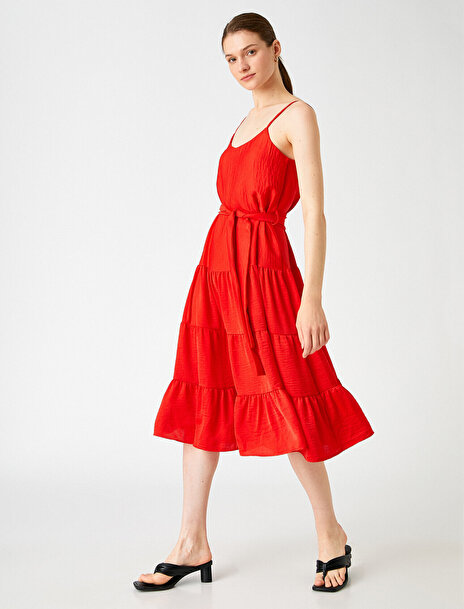 Koton Kadın Askılı Midi Elbise Kuşaklı Fırfırlı