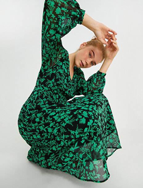 Koton Kadın Şifon Midi Elbise V Yaka Uzun Balon Kollu Koton Kadın Şifon Midi Elbise V Yaka Uzun Balon Kollu