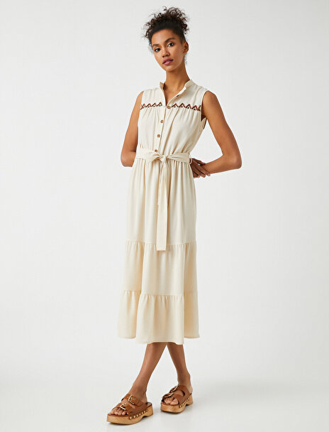 Koton Kadın Beli Bağlamalı Fırfırlı Midi Elbise