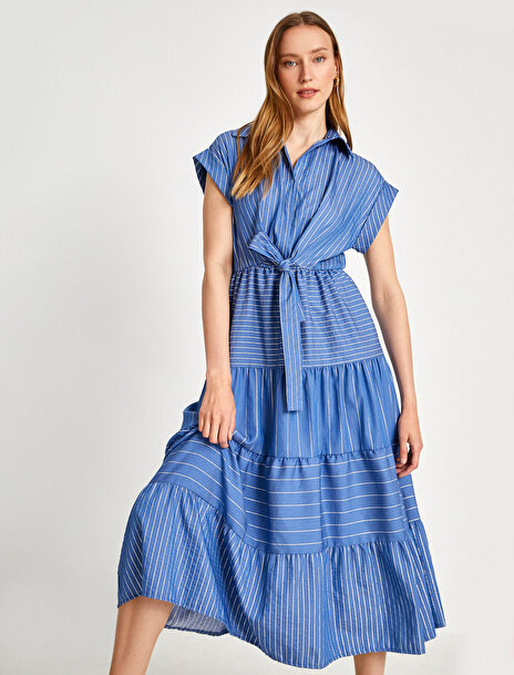 Koton Kadın Fırfırlı Uzun Elbise Bağlama Detaylı Kısa Kollu