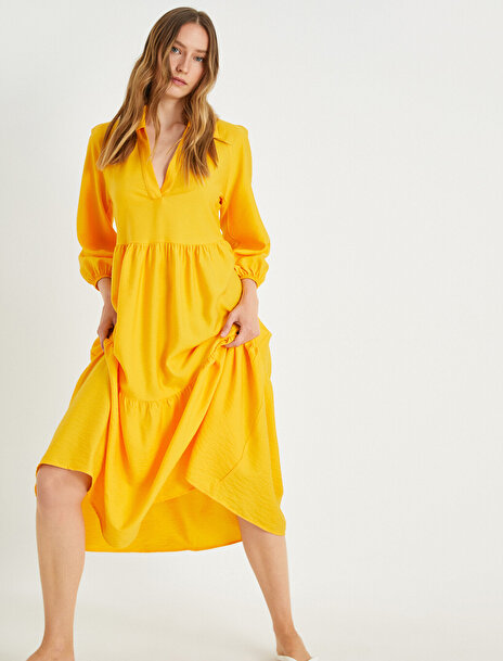 Koton Kadın Fırfırlı Midi Elbise Polo Yaka Balon Kollu