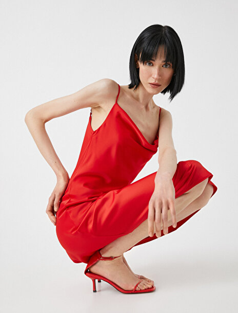 Koton Kadın Uzun Elbise Askılı Saten Degaje Yaka