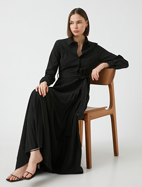 Koton Kadın Uzun Plili Elbise Gömlek Yaka Kuşaklı