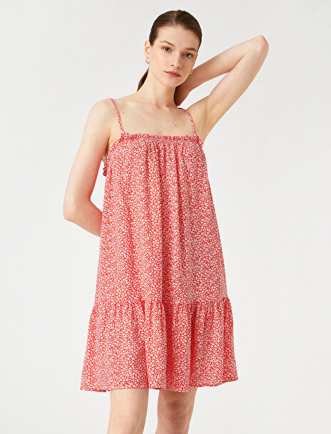 Koton Kadın Çiçekli Mini Elbise İnce Askılı Fırfırlı