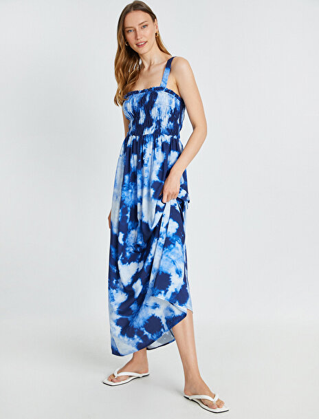 Koton Kadın Askılı Desenli Uzun Elbise Gipe Detaylı