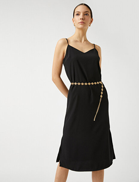 Koton Kadın Askılı Midi Yırtmaçlı Elbise