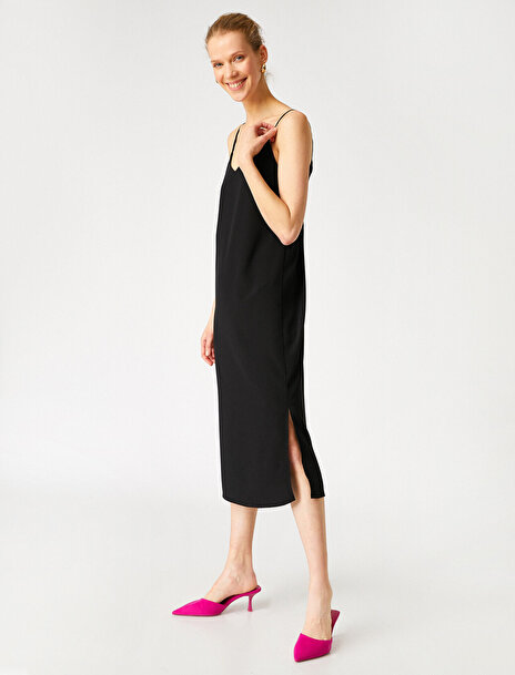 Koton Kadın Askılı Midi Yırtmaçlı Elbise