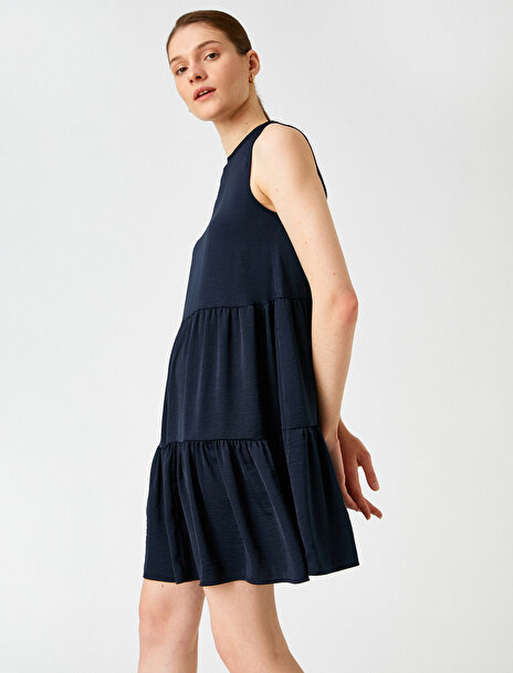 Koton Kadın Mini Katlı Elbise Bisiklet Yaka Kolsuz