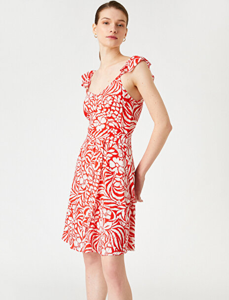 Koton Kadın Çiçekli Mini Elbise V Yaka Askılı Kuşaklı