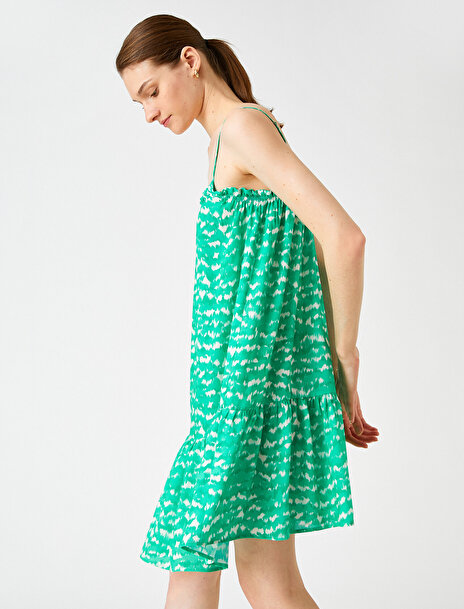 Koton Kadın Mini Elbise Desenli Kare Yaka İnce Askılı