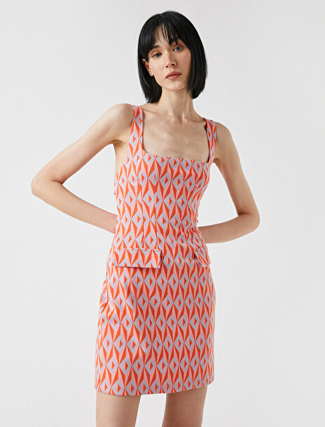 Koton Kadın Desenli Askılı U Yaka Mini Elbise