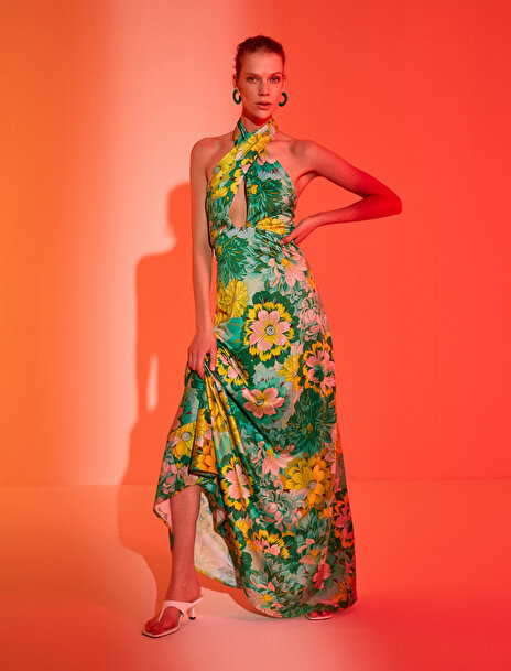 Koton Kadın Çiçekli Uzun Elbise Boyundan Bağlamalı