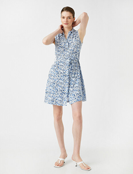 Koton Kadın Mini Gömlek Elbise Çiçekli Kuşaklı Kolsuz