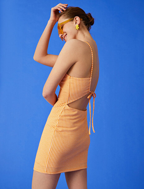 Koton Kadın Ekoseli Mini Elbise Halter Yaka