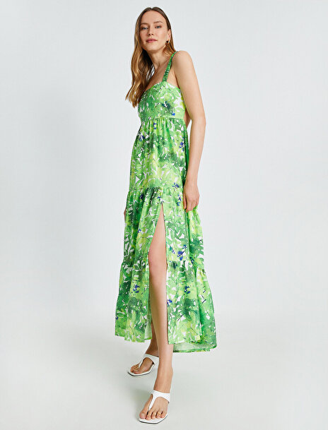 Koton Kadın Çiçekli Uzun Elbise Askılı Yırtmaçlı