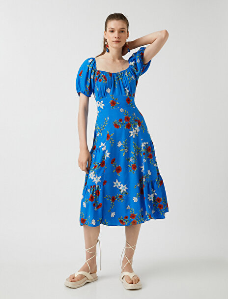 Koton Kadın Midi Boy Elbise Kare Yaka Kısa Kollu